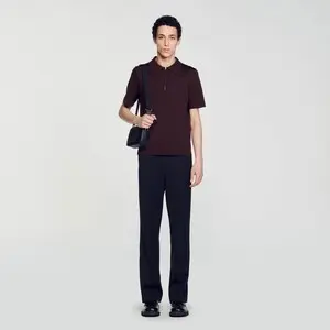 Sandro Knitted Polo Shirt With Zip Collar Black Brown