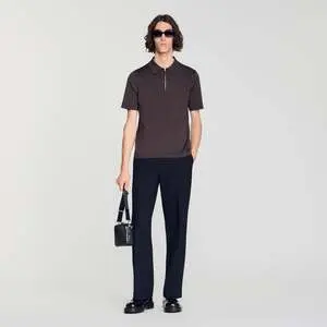 Sandro Zip-up Knit Polo Shirt - Chocolate