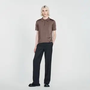 Sandro Knitted Polo Shirt With Zip Collar Taupe