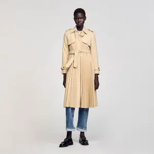 Sandro Pleated Trench Coat With Belt - Beige