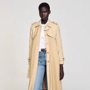 Sandro Pleated Trench Coat With Belt - Beige