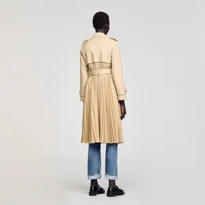 Sandro Pleated Trench Coat With Belt - Beige