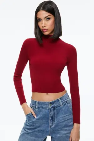 Alice + Olivia Senaida Cropped Mock Neck Pullover Burgundy