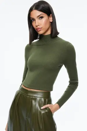 Alice + Olivia Senaida Cropped Mock Neck Pullover Green