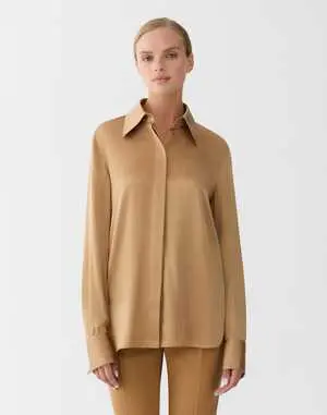 Lafayette 148 New York Silk Long Sleeve French Cuff Blouse - Wheat