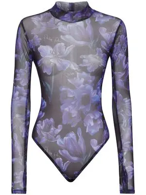 Philipp Plein Floral-print Long-sleeved Bodysuit - Black
