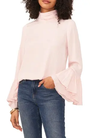 Vince Camuto Ruffle Bell Sleeve Mock Neck Top Peach Whip