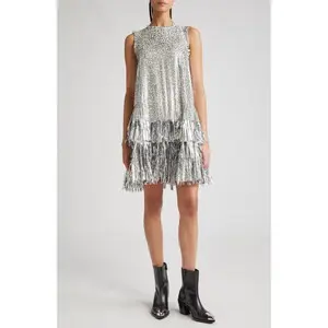 Rabanne Metallic Animal Print Tiered Minidress - Silver