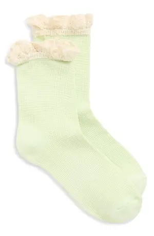 Free People Beloved Waffle Knit Ankle Socks With Lace Trim - Cocoa