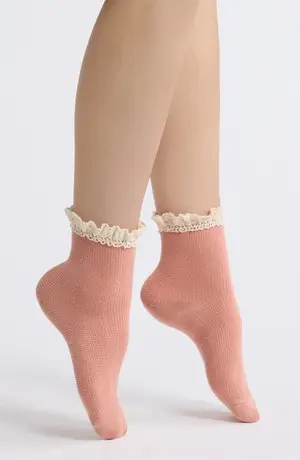 Free People Beloved Waffle Knit Ankle Socks With Lace Trim - Old Rose