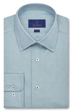 David Donahue Trim Fit Dobby Micro Check Cotton Dress Shirt Green/ Sky