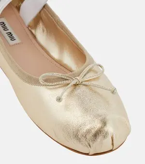 Miu Miu Logo Leather Ballet Flats - Gold