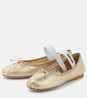 Miu Miu Logo Leather Ballet Flats - Gold