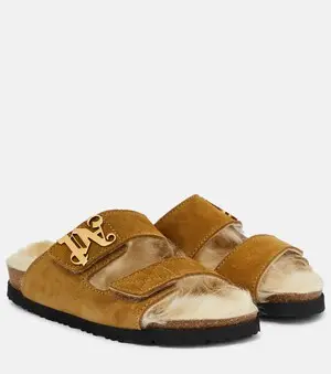 Palm Angels Shearling-lined Suede Slides - Beige