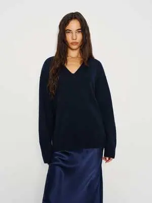 REFORMATION Jadey Cashmere Oversized V-neck Sweater - Navy