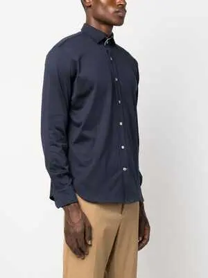 Eleventy Contrasting-trim Cotton Shirt - Blue
