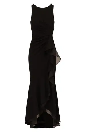 Adrianna Papell Ruffle Crepe Mermaid Gown - Black