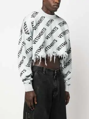 Vetements Frayed-hem Intarsia-knit Jumper - Silver