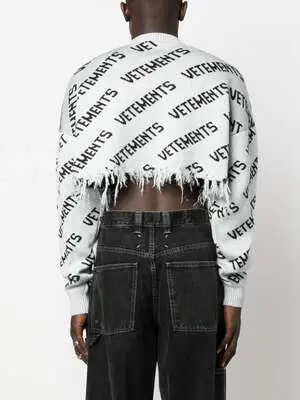 Vetements Frayed-hem Intarsia-knit Jumper - Silver
