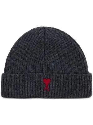 AMI Paris Logo-embroidered Ribbed-knit Beanie - Grey