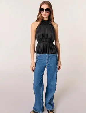 Maje Pleated Satin Halter Top - Black