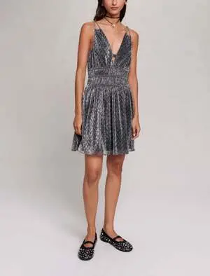 Maje Metallic Plunge Neck Flared Mini Dress With Braided Straps - Silver