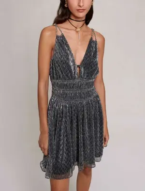 Maje Metallic Plunge Neck Flared Mini Dress With Braided Straps