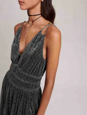 Maje Metallic Plunge Neck Flared Mini Dress With Braided Straps