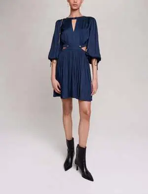 Maje Short Satin Dress With Pleated Skirt And Cut-out Details - Navy