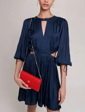 Maje Short Satin Dress With Pleated Skirt And Cut-out Details