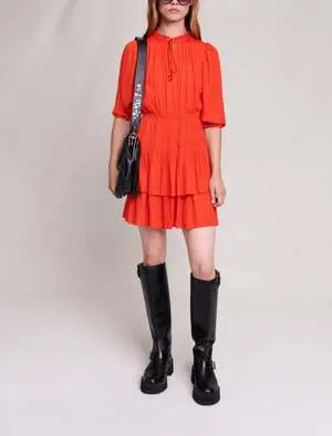 Maje Short Satin Smocked Dress - Red Poppy