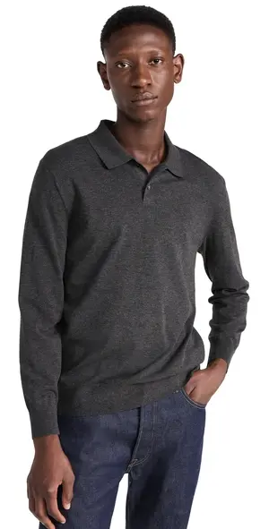 Theory Goris Polo Long Sleeve In Light Bilen Dark Grey Melange