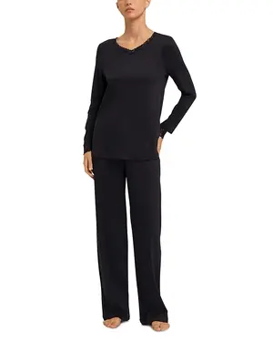 Hanro Moments Cotton Lace Trim Pajamas Set - Black