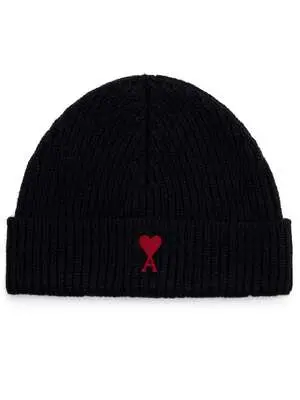 AMI Paris Logo-embroidered Ribbed-knit Beanie - Black
