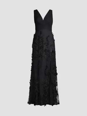 Aidan Mattox Flower Appliqué Mermaid Gown - Black