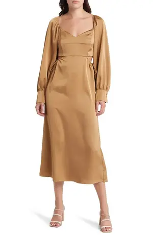 Moon River Cutout Long Sleeve Satin Midi Dress