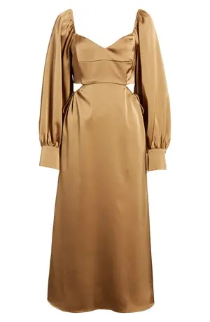 Moon River Cutout Long Sleeve Satin Midi Dress