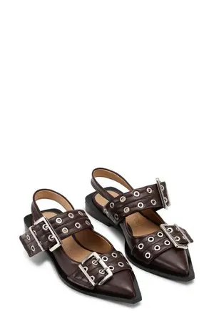 GANNI Ganni Slingback Pointed-Toe Flats Chocolate Fondant