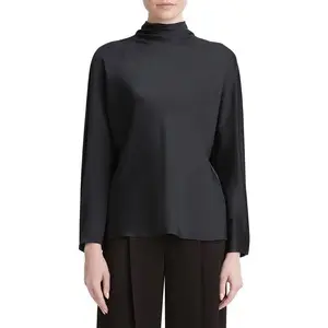 Vince Draped Funnel Neck Silk Top - Black