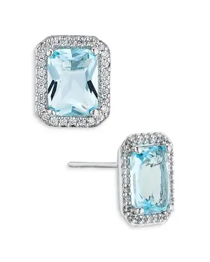 Nadri Emerald Cut Halo Stud Earrings - Aqua/silver