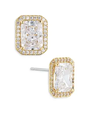 Nadri Emerald Cut Halo Stud Earrings - Clear/gold