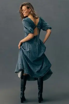 Pilcro Puff-Sleeve Seaed Deni Dress In Blue - 44% Off | Editorialist