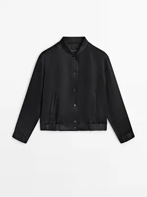 Massimo Dutti Satin Bomber Jacket - Black