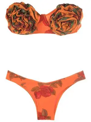 AMIR SLAMA Floral-appliqué Bustier Bikini Set - Orange