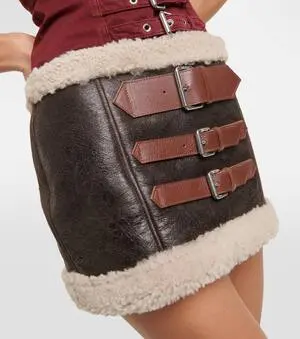 Blumarine Shearling-trimmed Leather Miniskirt