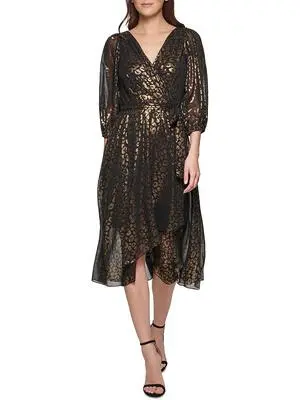 Dkny Womens Metallic Midi Wrap Dress - Black