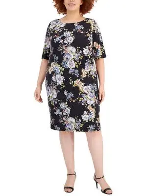 CONNECTED APPAREL Plus Womens Floral Calf Midi Dress - Beige