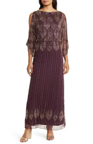 Pisarro Nights Beaded Cold Shoulder Dress - Wine