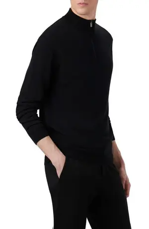 Bugatchi Quarter Zip Merino Wool Pullover - Caviar