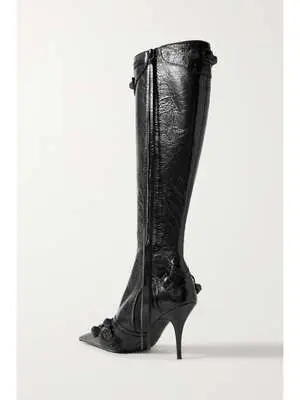 Balenciaga Le Cagole Studded Crinkled-leather Knee Boots - Black